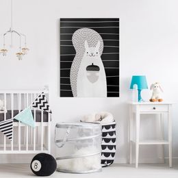 Bilderwelten Leinwandbild Tiere Illustration Kunstdruck schwarz - Tierpark mit Mustern - Eichh&ouml;rnchen - Wandbild XXL Kinderzimmer Baby M&auml;dchen Jungen