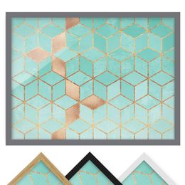 Bilderwelten Bild mit Rahmen - Querformat T&uuml;rkis Wei&szlig; goldene Geometrie