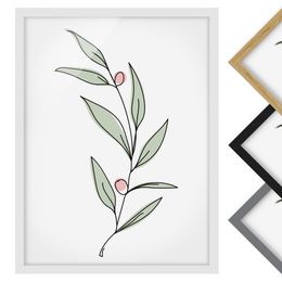 Bilderwelten Bild mit Rahmen originell gr&uuml;n Line Art inkl. Rahmung - Zweig mit Beeren Line Art - Pflanzen Wohnzimmer Schlafzimmer