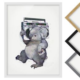 Bilderwelten Bild mit Rahmen Tiere grau Pop Art Aquarell - Illustration Koala mit Radio Malerei - Fische Wohnzimmer Schlafzimmer