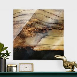 Bilderwelten Glasbild originell Abstrakt schwarz Aquarell - Goldener Marmor gemalt - Deko Wohnzimmer Schlafzimmer