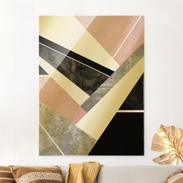 Bilderwelten Glasbild originell Abstrakt rosa Aquarell - Schwarz Wei&szlig; Geometrie mit Gold - Geometrisch Wohnzimmer Schlafzimmer