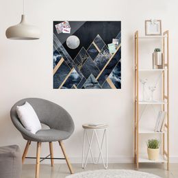 Bilderwelten Glasbild originell Abstrakt blau Aquarell - Goldener Mond abstrakte schwarze Berge - Deko Wohnzimmer Schlafzimmer