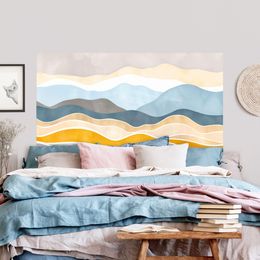 Bilderwelten Bett Kopfteil 60-250 cm originell modern Aquarell gelb - Minimalistische Boho Landschaft Gelb Pastellblau - Deko Schlafzimmer