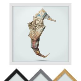 Bilderwelten Bild mit Rahmen Tiere t&uuml;rkis Fotomontage inkl. Rahmung - Origami Seepferdchen - Deko Wohnzimmer Schlafzimmer