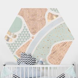 Bilderwelten Hexagon Tapete Vliestapete Abstrakt Wandtapete blau - Abstrakte Seelandschaft Pastellmuster - Sterne Wohnzimmer Schlafzimmer