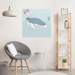 Bilderwelten Glasbild Tiere Line Art blau Glas Wandbild - Schildkr&ouml;te Line Art - Fische Kinderzimmer Baby M&auml;dchen Jungen