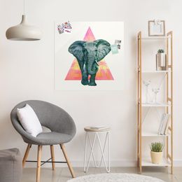 Bilderwelten Glasbild Tiere Pop Art bunt Glas Wandbild - Illustration Elefant vor Dreieck Malerei - Elefant Wohnzimmer Schlafzimmer