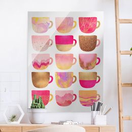 Bilderwelten Glasbild - Hochformat Goldene Tassen mit Pink