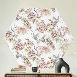 Bilderwelten Hexagon Tapete Tiere Tropisch Aquarell rosa - Aquarell V&ouml;gel mit gro&szlig;en Bl&uuml;ten - V&ouml;gel Wohnzimmer Schlafzimmer