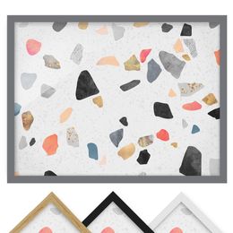 Bilderwelten Bild mit Rahmen - Querformat Wei&szlig;er Terrazzo mit Goldsteinchen