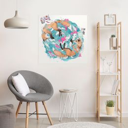 Bilderwelten Glasbild Tiere Pop Art t&uuml;rkis Glas Wandbild - Illustration F&uuml;chse und Wellen Malerei - Deko Wohnzimmer Schlafzimmer