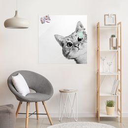 Bilderwelten Glasbild Tiere Pop Art schwarz weiss Aquarell - Illustration Katze Zeichnung Schwarz Wei&szlig; - Katze Wohnzimmer Schlafzimmer