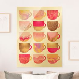 Bilderwelten Glasbild - Hochformat Goldene Tassen mit Pink