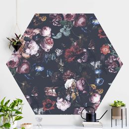 Bilderwelten Hexagon Tapete Blumen Vintage Wandtapete grau - Altmeisterliche Bl&uuml;ten mit Tulpen und Rosen auf Dunkelgrau - Retro Wohnzimmer Schlafzimmer