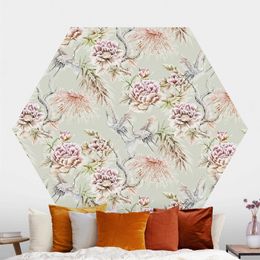 Bilderwelten Hexagon Tapete Tiere Tropisch Aquarell blau - Aquarell V&ouml;gel mit gro&szlig;en Bl&uuml;ten vor Mint - V&ouml;gel Wohnzimmer Schlafzimmer