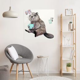 Bilderwelten Glasbild Tiere Pop Art braun Glas Wandbild - Illustration Biber mit Kaffeetasse - Deko Wohnzimmer Schlafzimmer