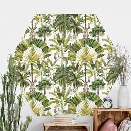 Bilderwelten Hexagon Tapete Vliestapete Tropisch Aquarell gr&uuml;n - Aquarell Bananenpalme und Leopard Muster - Deko Wohnzimmer Schlafzimmer