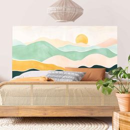 Bilderwelten Bett Kopfteil 60-250 cm originell modern Aquarell t&uuml;rkis - Minimalistische Boho Landschaft Gelb T&uuml;rkis - Deko Schlafzimmer