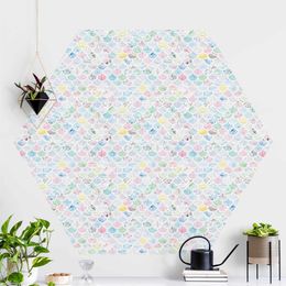 Bilderwelten Hexagon Tapete Vliestapete modern Fliesenoptik blau - Marmor Muster Regenbogen - Geometrisch Wohnzimmer Schlafzimmer