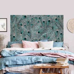 Bilderwelten Bett Kopfteil 60-250 cm Tiere Illustration blau - Pfauenfedern - Feder Schlafzimmer