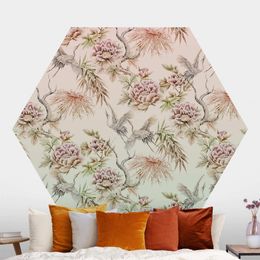 Bilderwelten Hexagon Tapete Tiere Tropisch Aquarell rosa - Aquarell V&ouml;gel mit gro&szlig;en Bl&uuml;ten in Ombre - V&ouml;gel Wohnzimmer Schlafzimmer