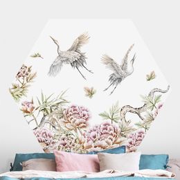 Bilderwelten Hexagon Tapete Blumen Illustration Aquarell rosa - Aquarell St&ouml;rche im Flug mit Rosen - Rose Wohnzimmer Schlafzimmer
