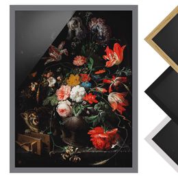 Bilderwelten Bild mit Rahmen Blumen bunt modern inkl. Rahmung - Abraham Mignon - Das umgeworfene Bouquet - Katze Wohnzimmer Schlafzimmer