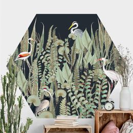 Bilderwelten Hexagon Tapete Tiere Vintage Wandtapete gr&uuml;n - Flamingo und Storch mit Pflanzen auf Gr&uuml;n - Pflanzen Wohnzimmer Schlafzimmer