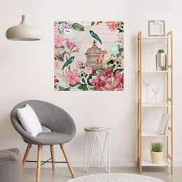 Bilderwelten Glasbild Blumen Vintage rosa Glas Wandbild - Shabby Chic Collage - Rosa Bl&uuml;ten und blaue V&ouml;gel - Retro Wohnzimmer Schlafzimmer