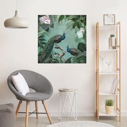 Bilderwelten Glasbild Tiere Vintage t&uuml;rkis Glas Wandbild - Shabby Chic Collage - Edler Pfau - Pflanzen Wohnzimmer Schlafzimmer