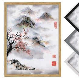 Bilderwelten Bild mit Rahmen - Hochformat Japanische Aquarell Zeichnung Kirschbaum und Berge