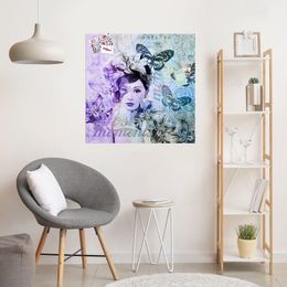 Bilderwelten Glasbild Tiere Vintage violett Glas Wandbild - Shabby Chic Collage - Portrait mit Schmetterlingen - Retro Wohnzimmer Schlafzimmer