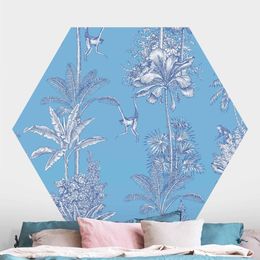Bilderwelten Hexagon Tapete Tiere Tropisch Wandtapete blau - Kupferstichanmutung - Affen in Blau - Affe Wohnzimmer Schlafzimmer
