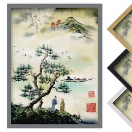 Bilderwelten Bild mit Rahmen - Hochformat Japanische Aquarell Zeichnung Kiefer und Bergdorf