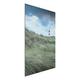Alu Dibond Outdoor Bild - St&uuml;rmische Zeiten am Leuchtturm - Strand gr&uuml;n Motiv wetterfest K&uuml;ste Wohnzimmer Schlafzimmer