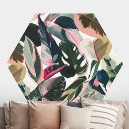 Bilderwelten Hexagon Tapete Vliestapete Tropisch Wandtapete pink - Pinke Tropen Muster XXL - Pflanzen Wohnzimmer Schlafzimmer