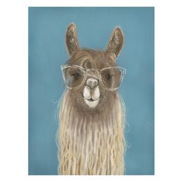 Bilderwelten Leinwandbild Tiere Illustration Kunstdruck blau - Lama mit Brille III - Wandbild XXL Wohnzimmer Schlafzimmer