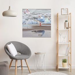 Bilderwelten Glasbild Strand Motiv beige Glas Wandbild - M&ouml;we am Strand vor Meer - Landschaft Wohnzimmer Schlafzimmer