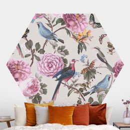 Bilderwelten Hexagon Tapete Tiere Vintage Wandtapete beige - Vintage Illustration Paradiesvogel und Pfingstrosen - Rose Wohnzimmer Schlafzimmer