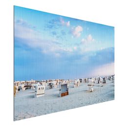 Alu Dibond Outdoor Bild - Strandk&ouml;rbe an der Nordsee - Strand blau Motiv wetterfest D&uuml;nen Wohnzimmer Schlafzimmer