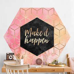 Bilderwelten Hexagon Tapete Spr&uuml;che Abstrakt Aquarell gr&uuml;n - Make It Happen Geometrie Pastell - Geometrisch Wohnzimmer Schlafzimmer