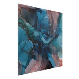 Alu Dibond Outdoor Bild - Unterwasser in Petrol und Rot mit Gold - originell petrol Abstrakt Aquarell Deko Wohnzimmer Schlafzimmer