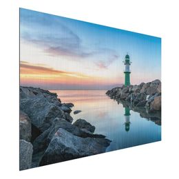 Bilderwelten Alu Dibond Outdoor Bild Strand blau Motiv wetterfest - Sunset at the Lighthouse - Sonnenuntergang Wohnzimmer Schlafzimmer