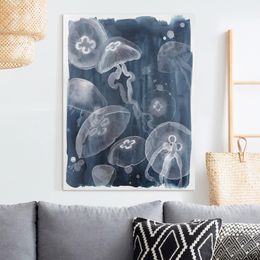 Bilderwelten Leinwandbild Tiere modern Aquarell blau - Mondmedusen I - Wandbild XXL Wohnzimmer Schlafzimmer
