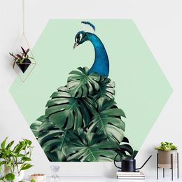 Bilderwelten Hexagon Tapete Tiere Tropisch Wandtapete rot - Pfau mit Monstera Bl&auml;ttern - V&ouml;gel Wohnzimmer Schlafzimmer