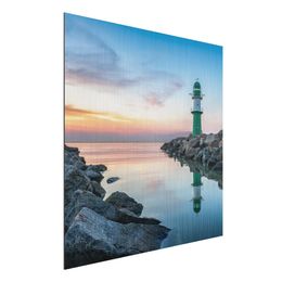 Bilderwelten Alu Dibond Outdoor Bild Strand blau Motiv wetterfest - Sunset at the Lighthouse - Sonnenuntergang Wohnzimmer Schlafzimmer