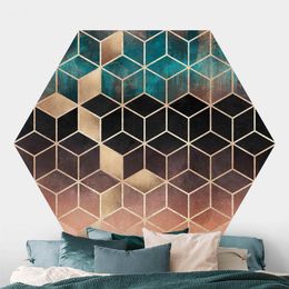 Bilderwelten Hexagon Tapete originell Abstrakt 3D-Effekt bunt - T&uuml;rkis Ros&eacute; goldene Geometrie - Geometrisch Wohnzimmer Schlafzimmer