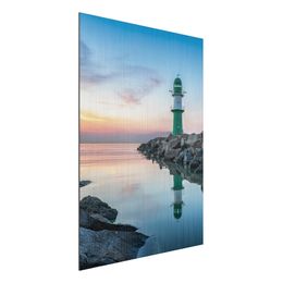 Bilderwelten Alu Dibond Outdoor Bild Strand blau Motiv wetterfest - Sunset at the Lighthouse - Sonnenuntergang Wohnzimmer Schlafzimmer