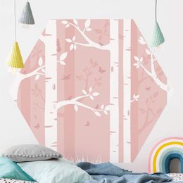 Bilderwelten Hexagon Tapete Wald Illustration Wandtapete grau - Rosa Birkenwald mit Schmetterlingen und V&ouml;gel - B&auml;ume Kinderzimmer Baby M&auml;dchen Jungen